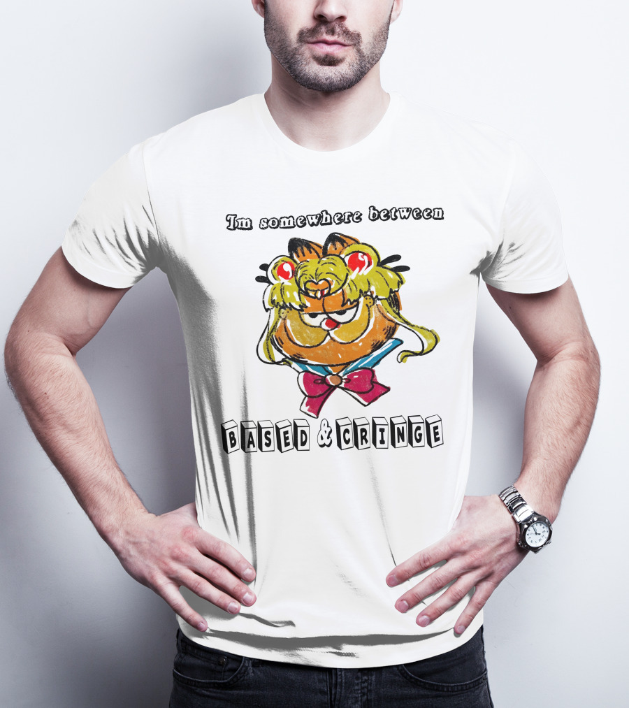 I'm Somewhere Between Based And Cringe With Cartoon Cat Mashup T-Shirt
