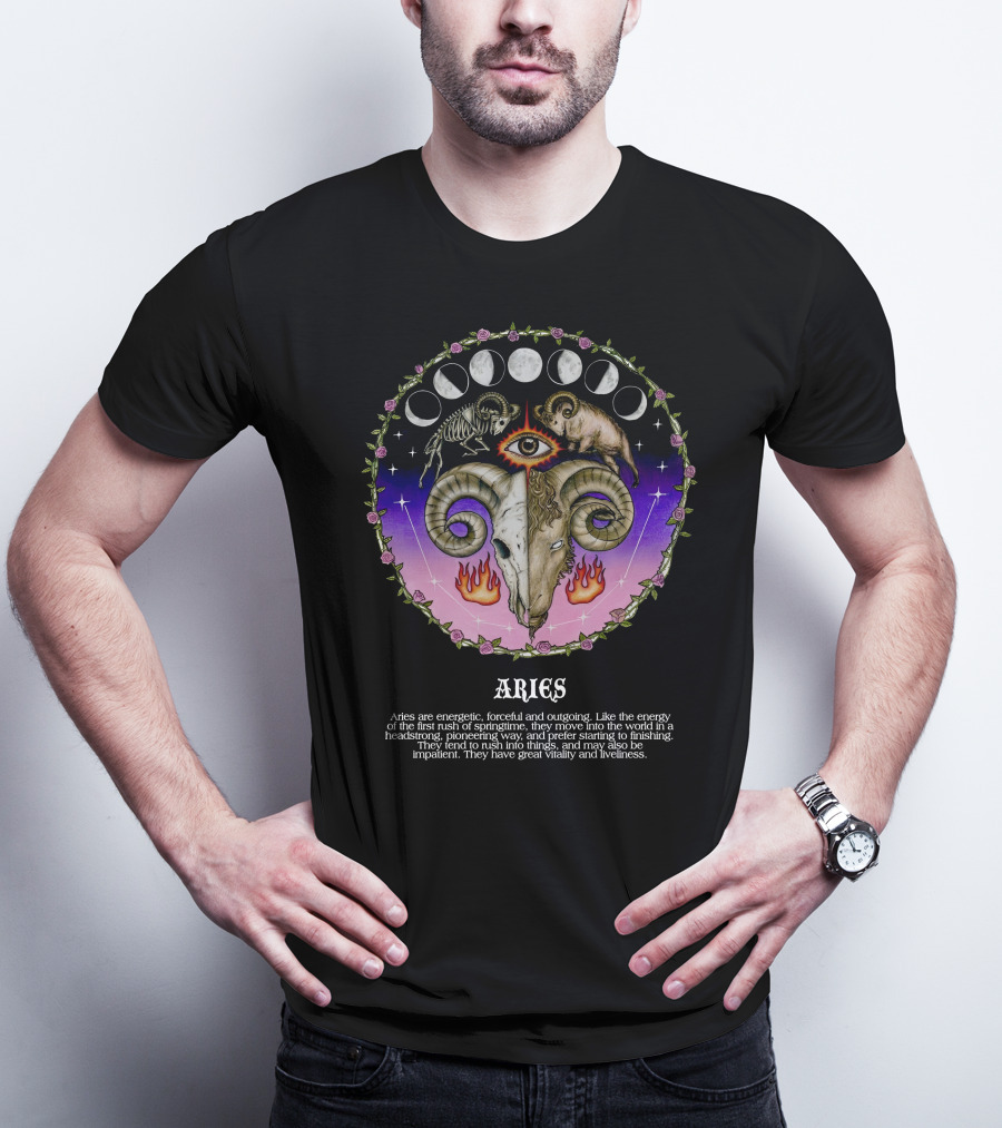 Aries Energetic Forceful Outgoing Headstrong Powerful Vitality Roses Moon Phases Ram Flame Eye T-Shirt