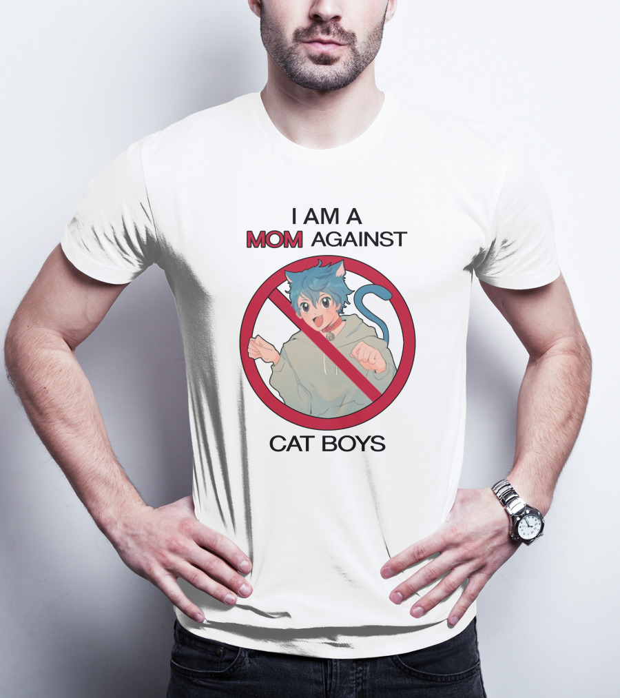 I Am A Mom Against Cat Boys Prohibition Symbol Cartoon Character With Blue Hair And Cat Ears T-Shirt