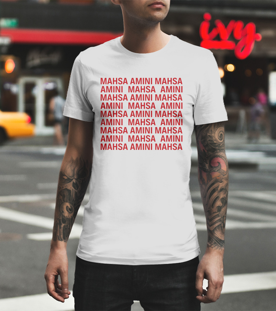 Jessica Chastain Mahsa Amini Repeated Text T-Shirt