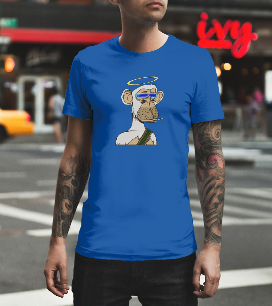 Ginotheghost Bored Ape Yacht Club Angel Halo NFT Ape Blue Background T-Shirt