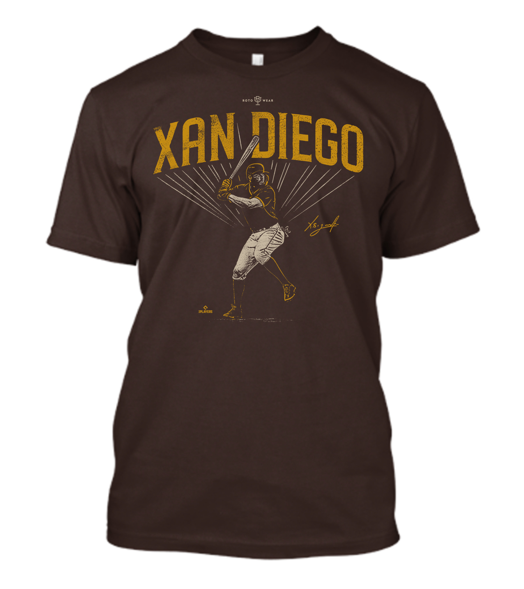 Roto Wear Xan Diego Baseball Player Swinging With Signature T-Shirt