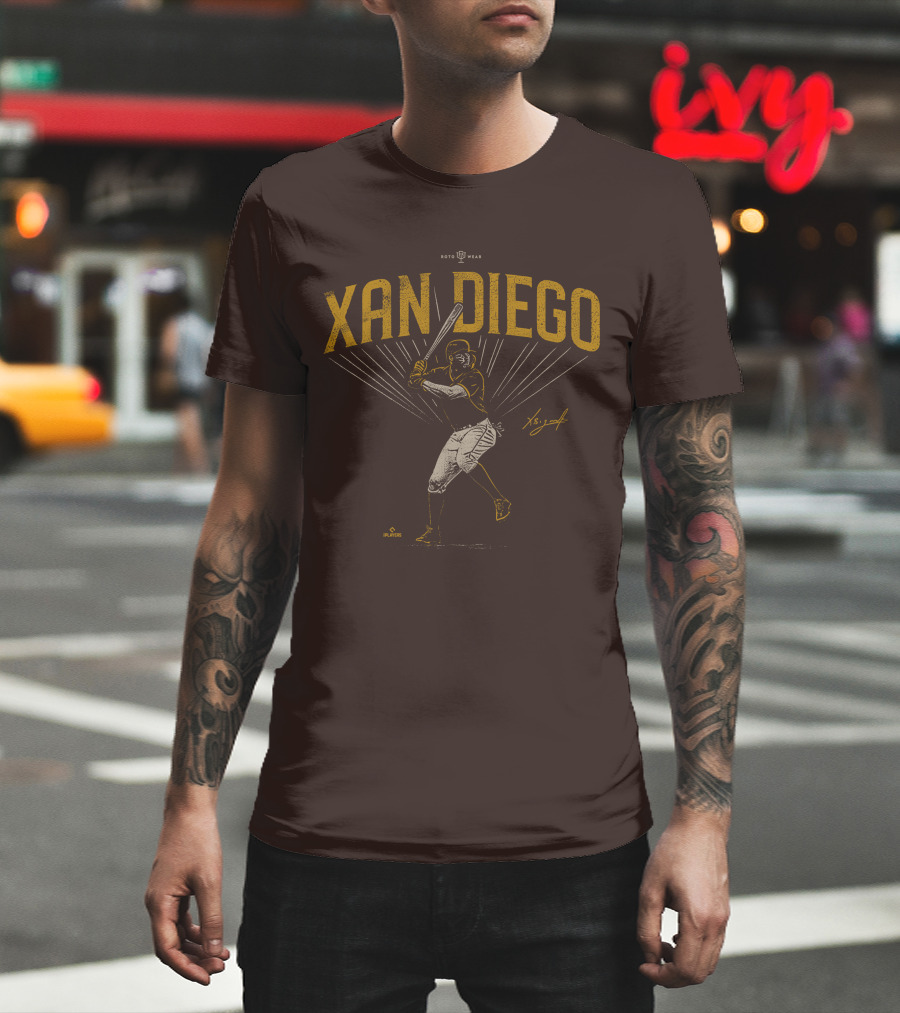 Roto Wear Xan Diego Baseball Player Swinging With Signature T-Shirt