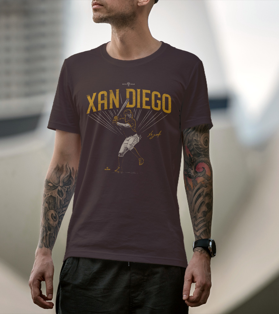 Roto Wear Xan Diego Baseball Player Swinging With Signature T-Shirt