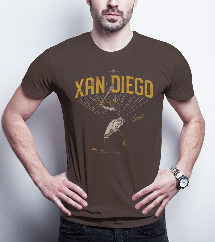 Roto Wear Xan Diego Baseball Player Swinging With Signature T-Shirt