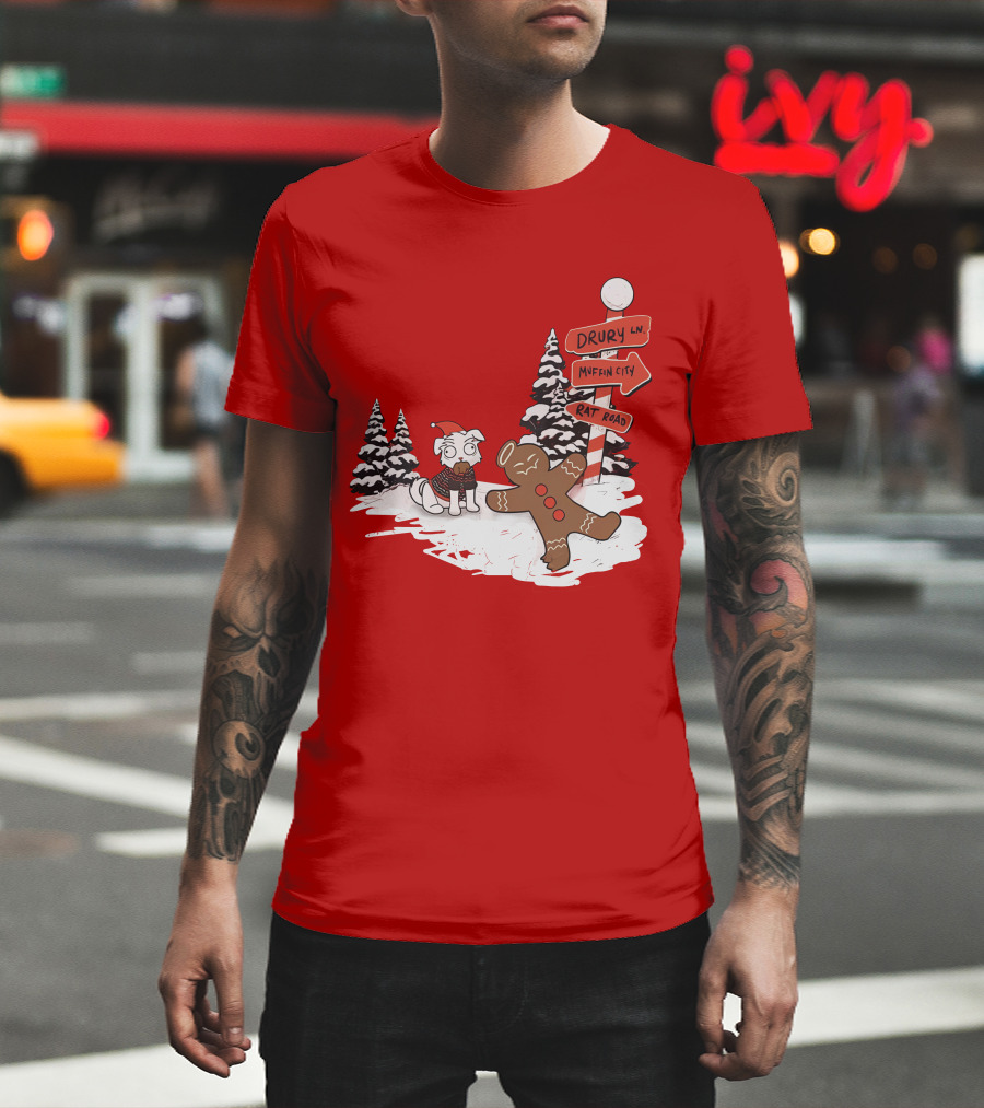 Badboyhalo Holiday Drury Lane Muffin City Rat Road Christmas Dog And Gingerbread Scene T-Shirt