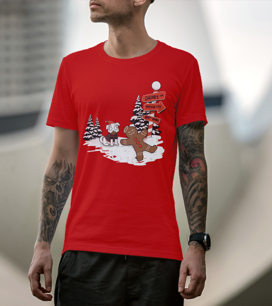 Badboyhalo Holiday Drury Lane Muffin City Rat Road Christmas Dog And Gingerbread Scene T-Shirt