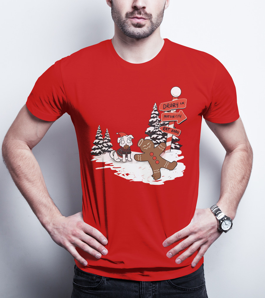 Badboyhalo Holiday Drury Lane Muffin City Rat Road Christmas Dog And Gingerbread Scene T-Shirt