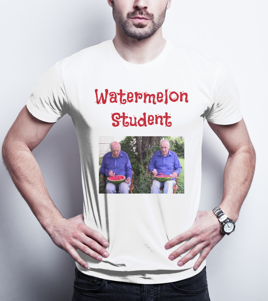Watermelon Student Eating In Garden With Blue T-Shirt