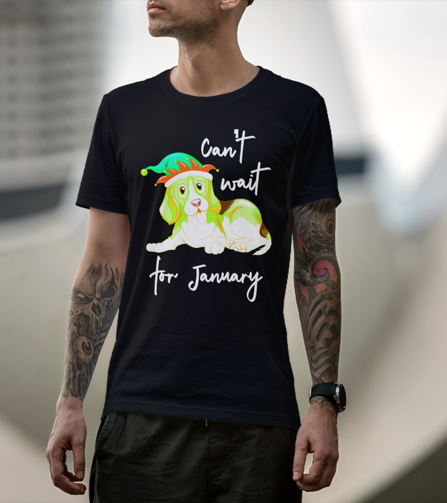 Can't Wait For January Festive Dog With Green And Red Hat T-Shirt