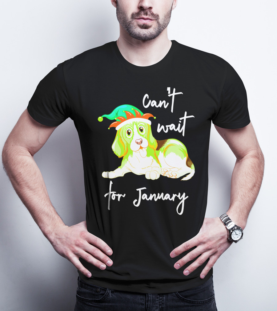 Can't Wait For January Festive Dog With Green And Red Hat T-Shirt