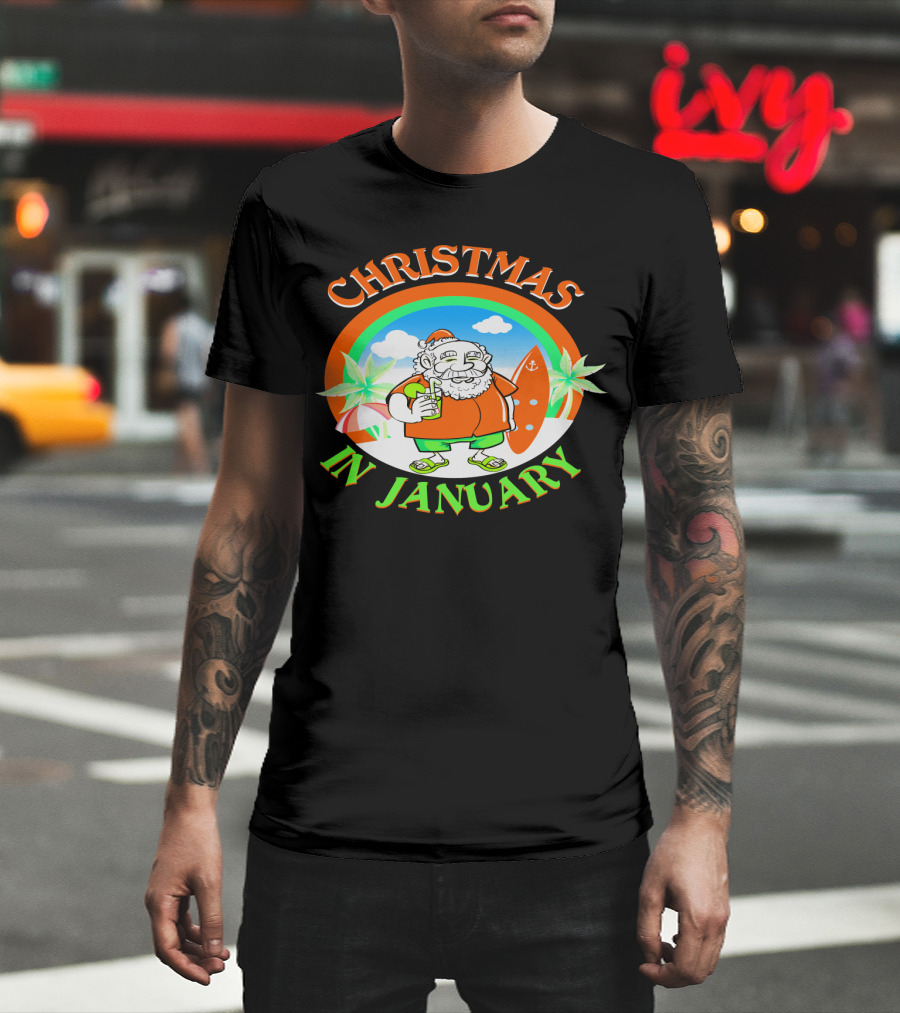 Christmas In January Santa With Surfboard And Drink T-Shirt