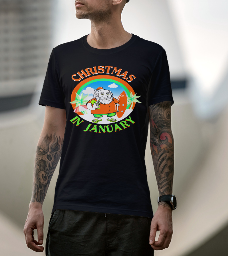 Christmas In January Santa With Surfboard And Drink T-Shirt