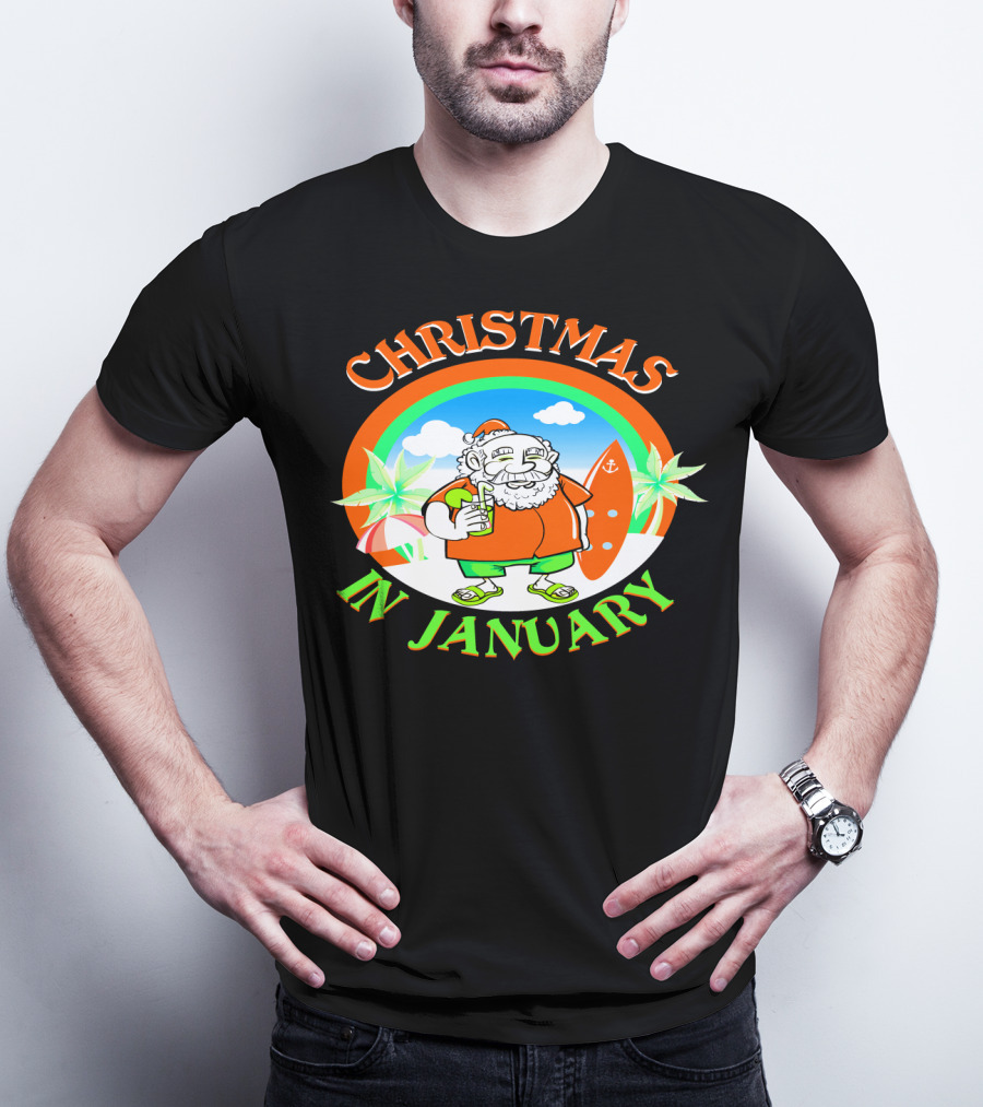 Christmas In January Santa With Surfboard And Drink T-Shirt
