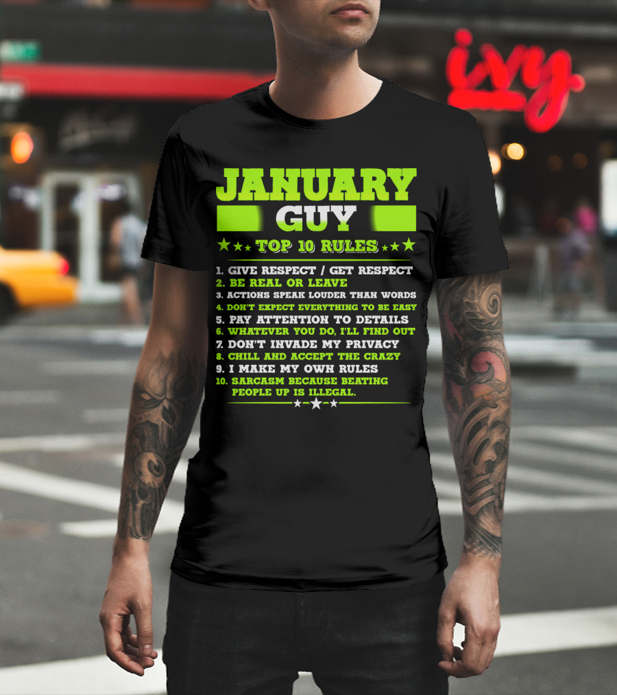 Cool January Guy Top 10 Rules Birthday T-Shirt