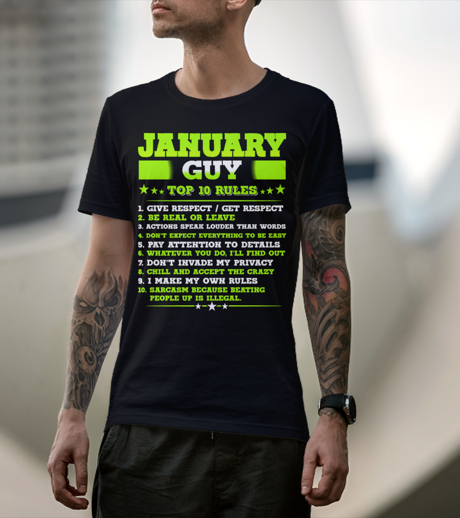 Cool January Guy Top 10 Rules Birthday T-Shirt