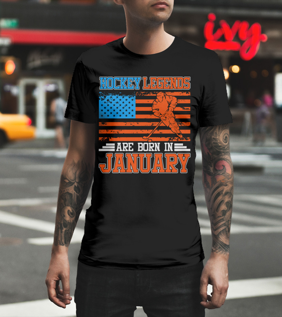 Hockey Legends Are Born In January With American Flag And Skater T-Shirt