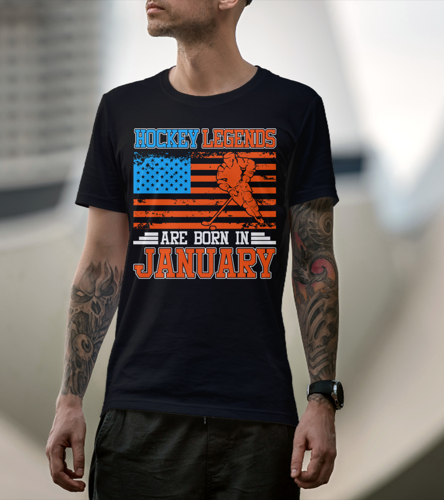 Hockey Legends Are Born In January With American Flag And Skater T-Shirt