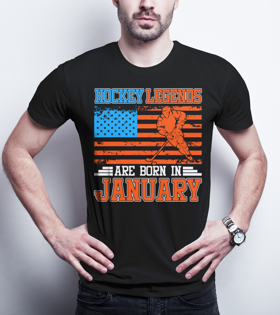 Hockey Legends Are Born In January With American Flag And Skater T-Shirt