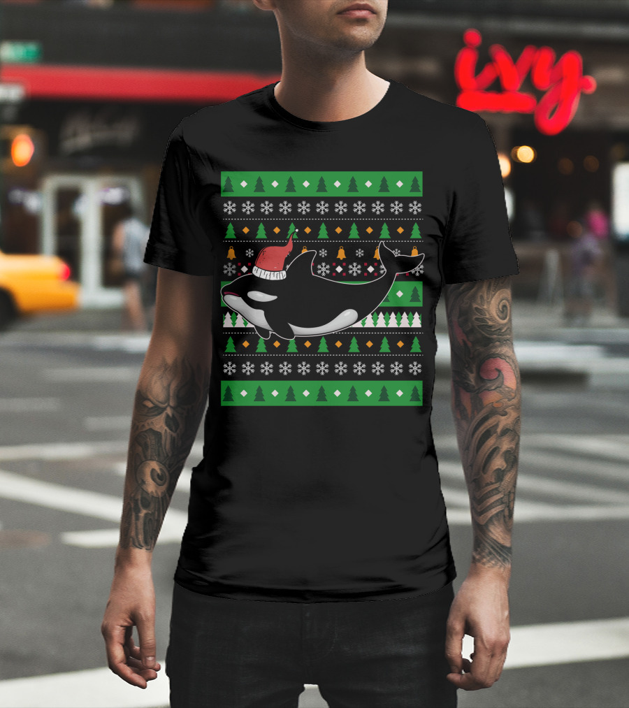 Orca Zookeeper Ugly Christmas Killer Whale Santa Hat Snowflakes Trees T-Shirt