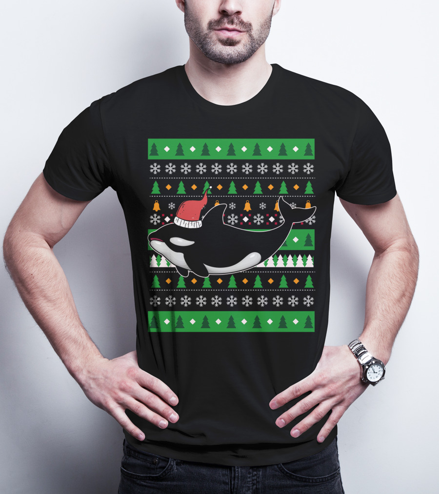 Orca Zookeeper Ugly Christmas Killer Whale Santa Hat Snowflakes Trees T-Shirt
