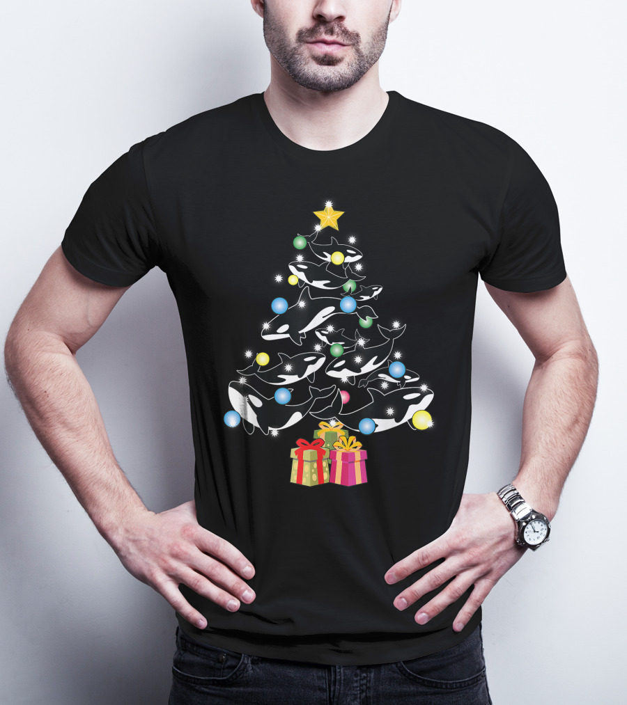 Christmas Orca Whales Tree With Gifts And Decorations T-Shirt