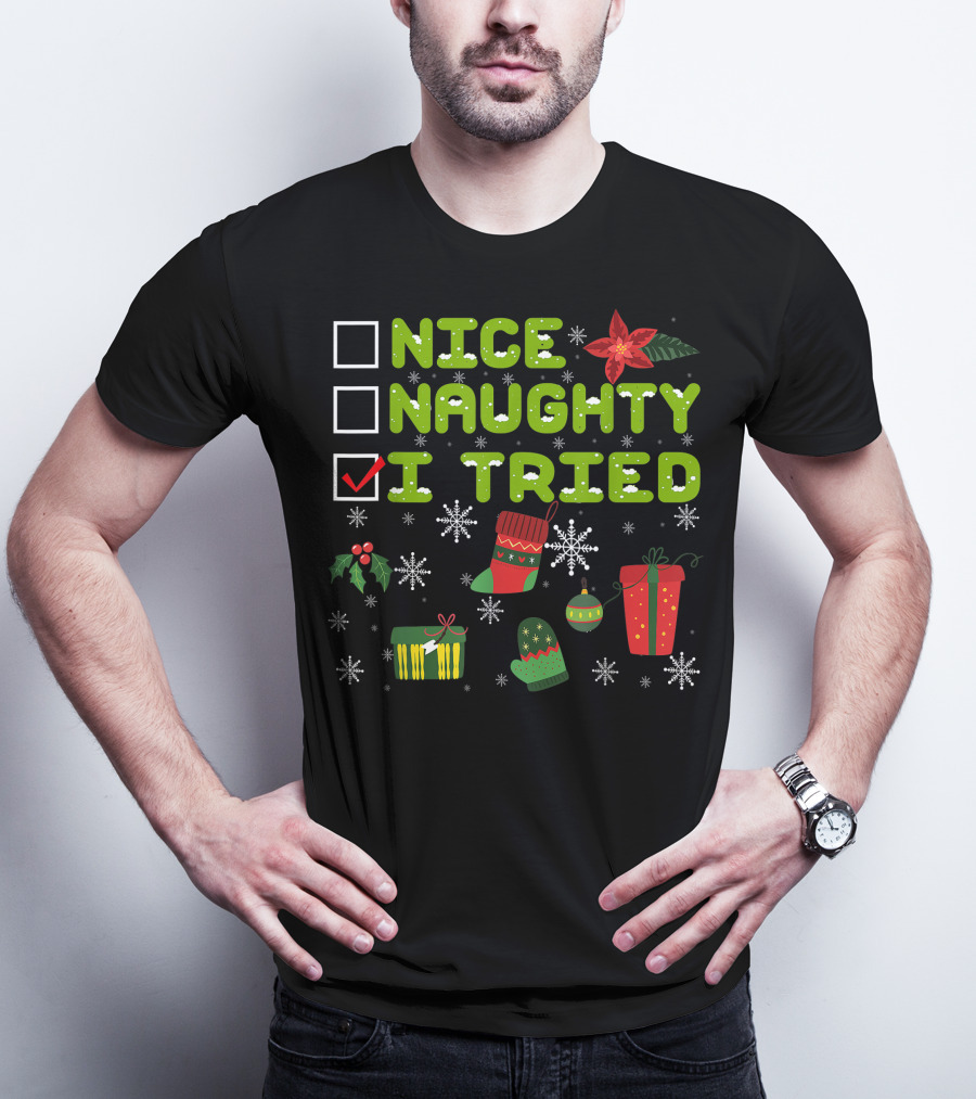 Nice Naughty I Tried Checklist Christmas Pajama With Holiday Icons T-Shirt