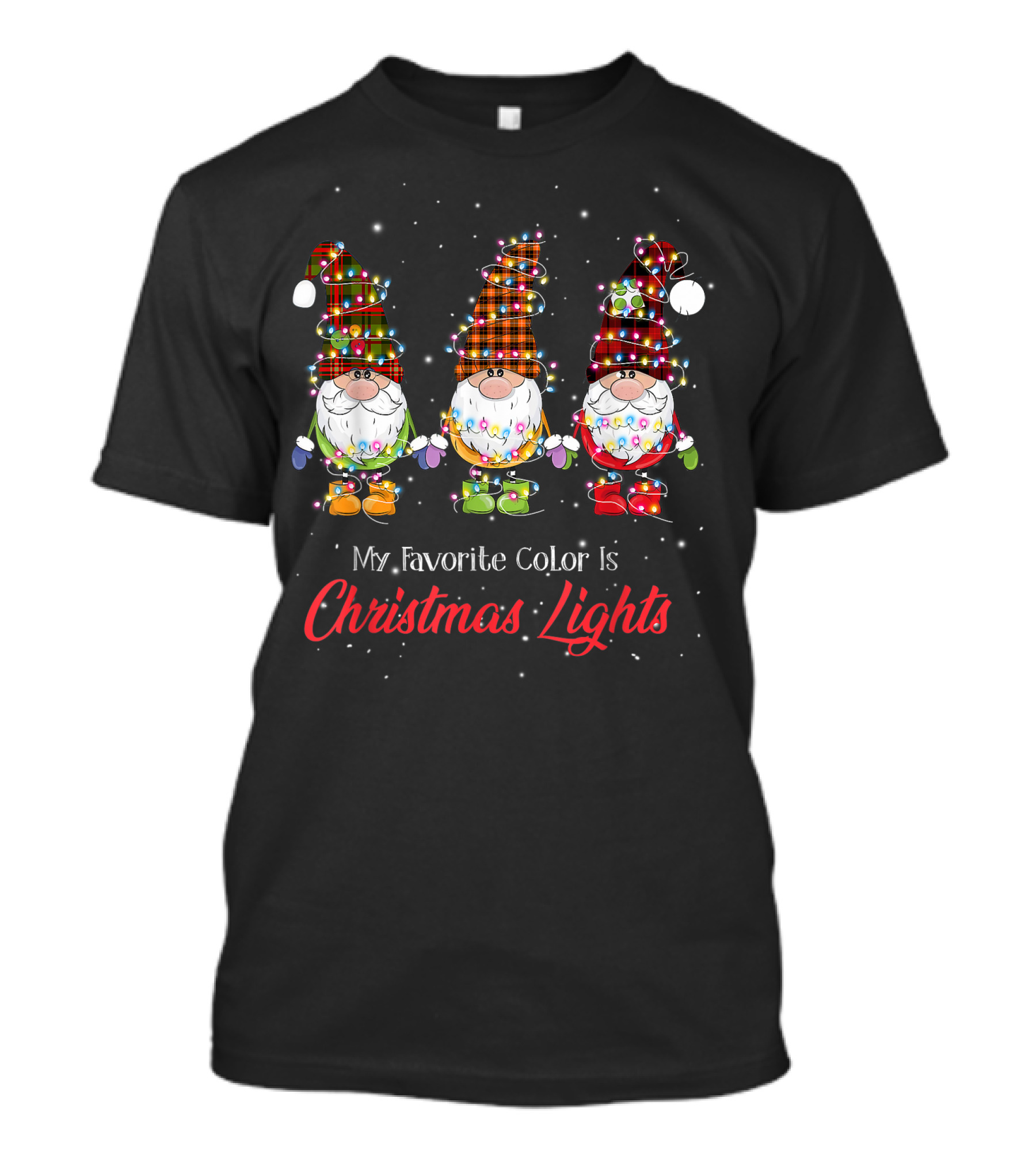 My Favorite Color Is Christmas Lights Gnomies Gnome Buffalo Plaid Trio T-Shirt