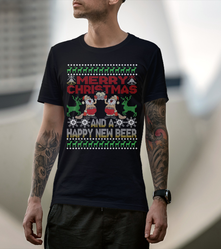 Merry Christmas Happy New Beer Ugly Sweater For Beer Lover With Santa Reindeer T-Shirt