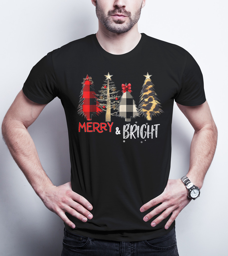 Merry And Bright Christmas Wild Leopard Plaid Trees Xmas T-Shirt