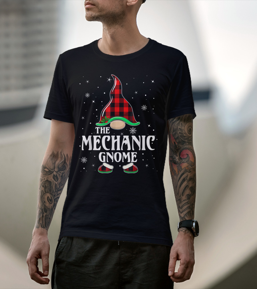 The Mechanic Gnome Buffalo Plaid Christmas Matching Family Holiday Snowflakes T-Shirt