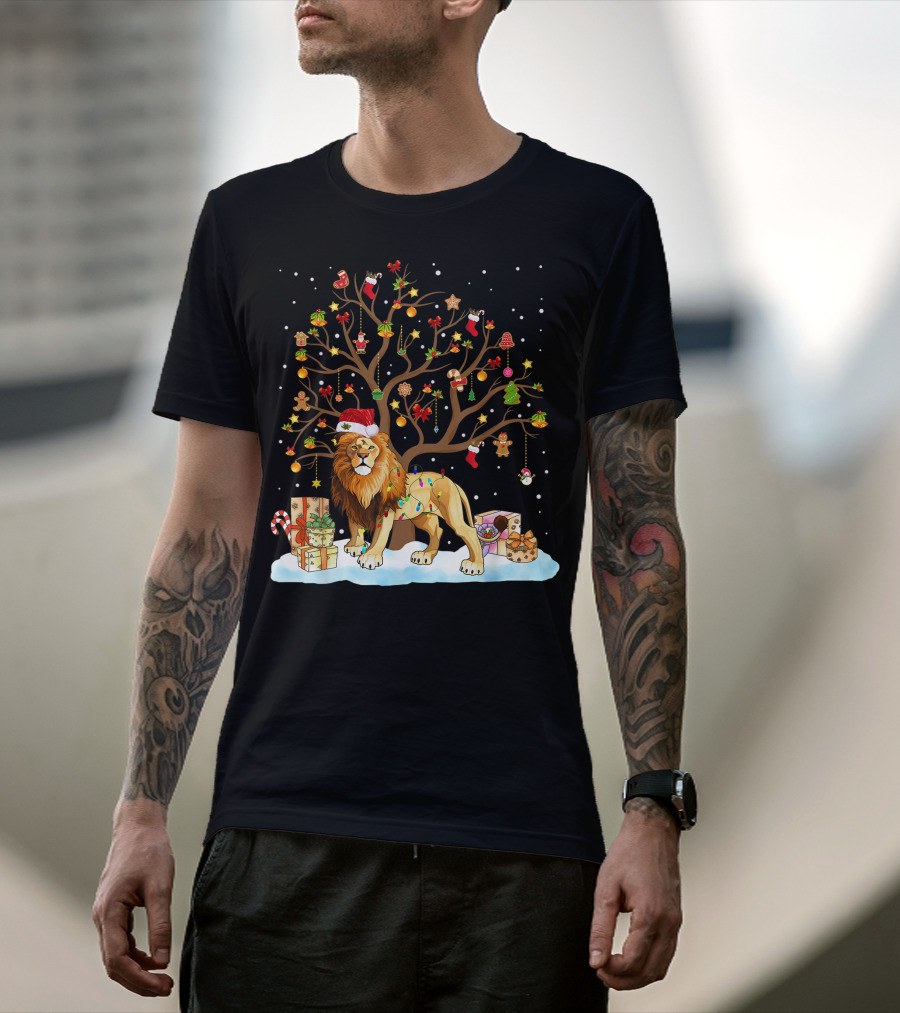 Lion With Christmas Tree Ornaments And Gifts T-Shirt