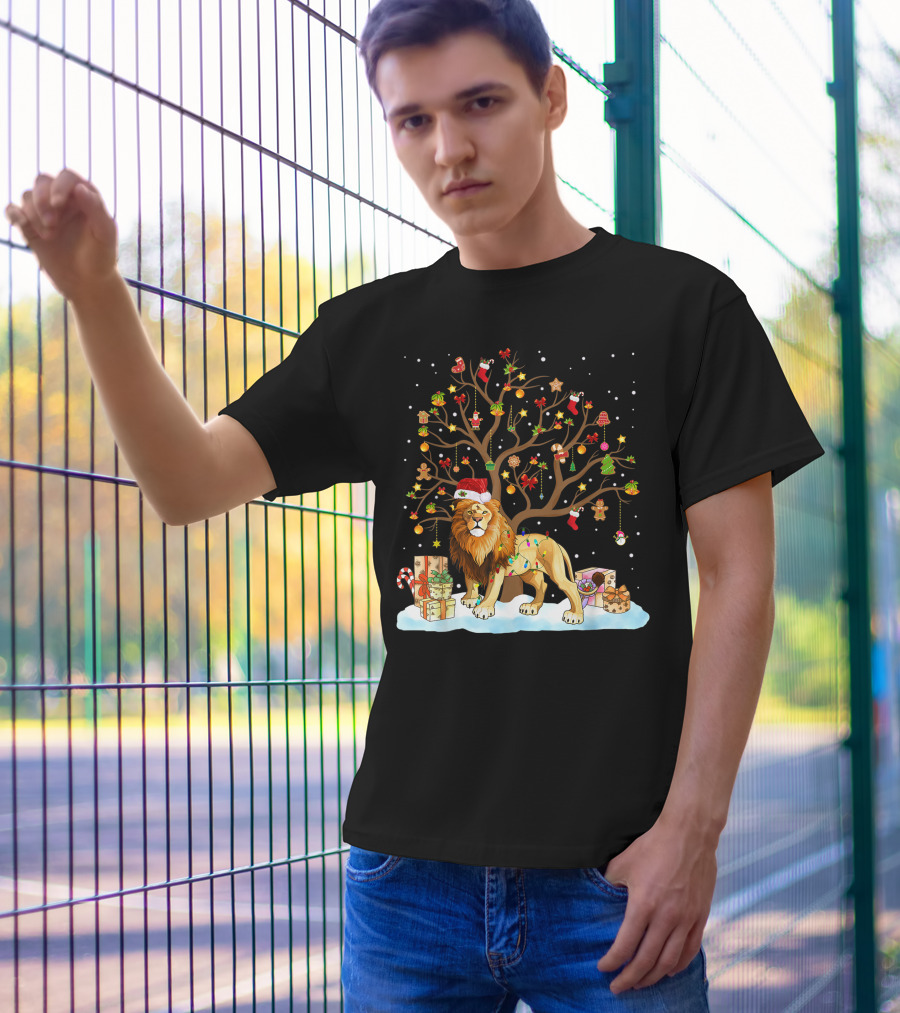 Lion With Christmas Tree Ornaments And Gifts T-Shirt