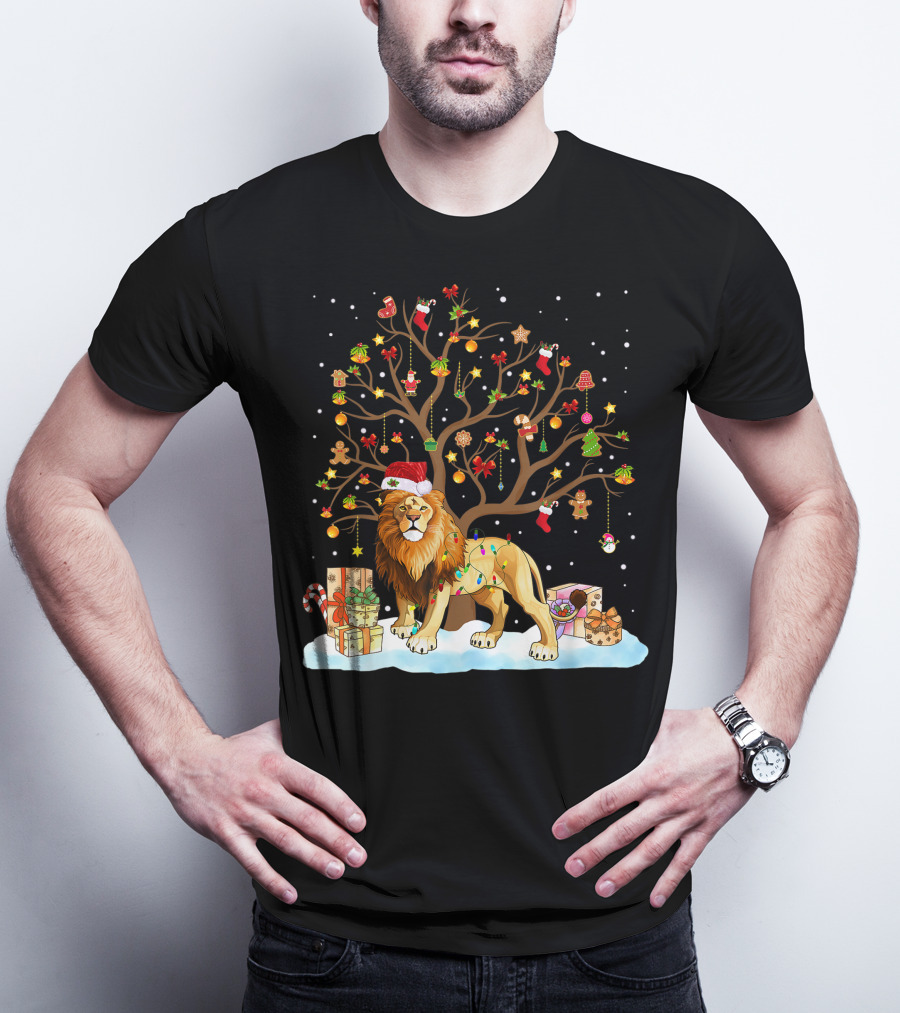 Lion With Christmas Tree Ornaments And Gifts T-Shirt