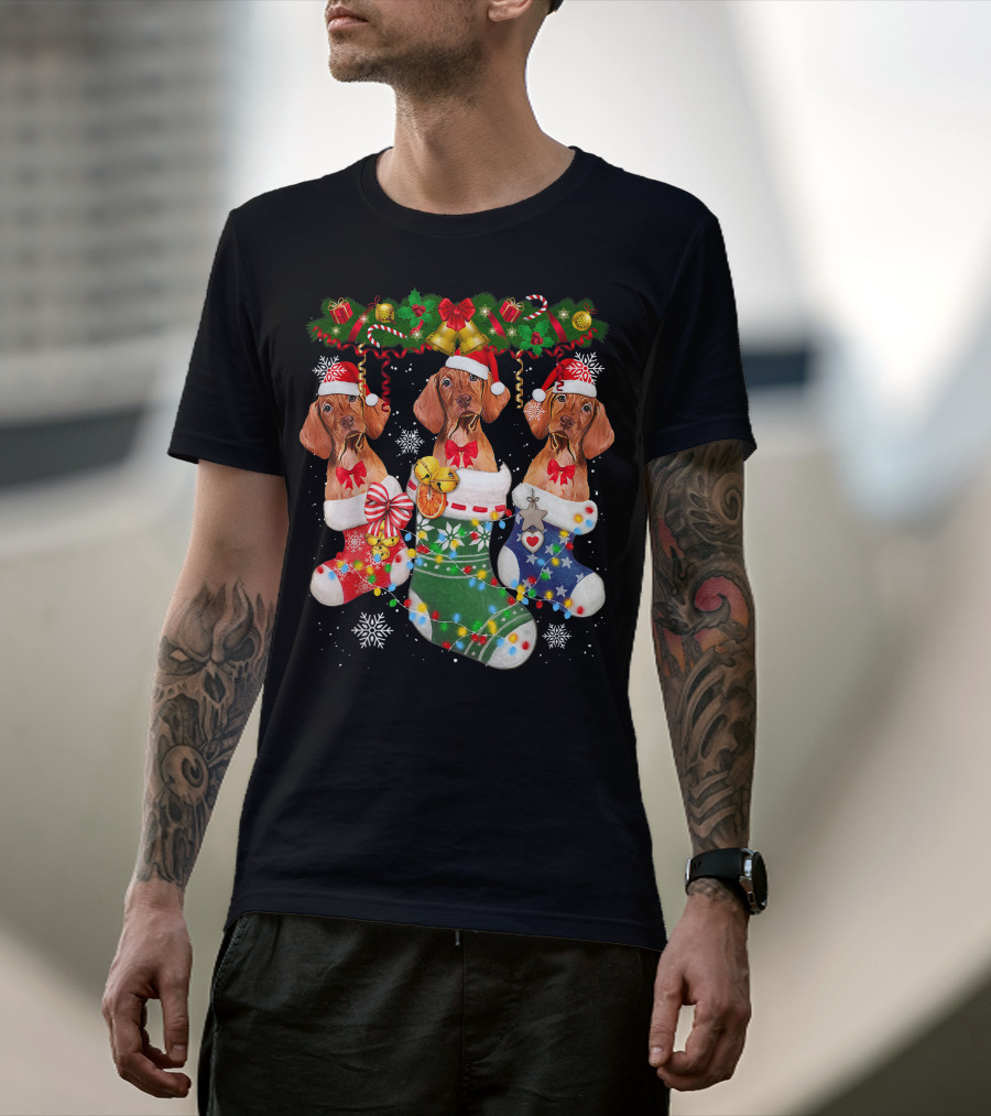 Vizsla Dogs In Christmas Stockings With Santa Hats And Holiday Decorations T-Shirt