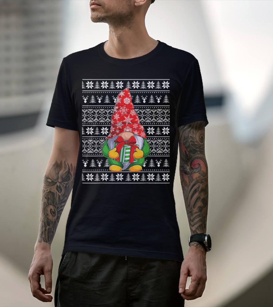 Ugly Christmas Sweater Gnome Holding Gifts With Snowflake Hat T-Shirt