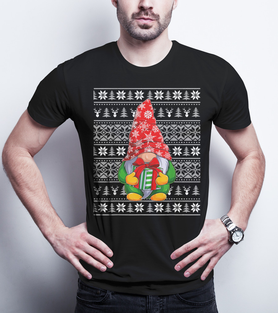 Ugly Christmas Sweater Gnome Holding Gifts With Snowflake Hat T-Shirt