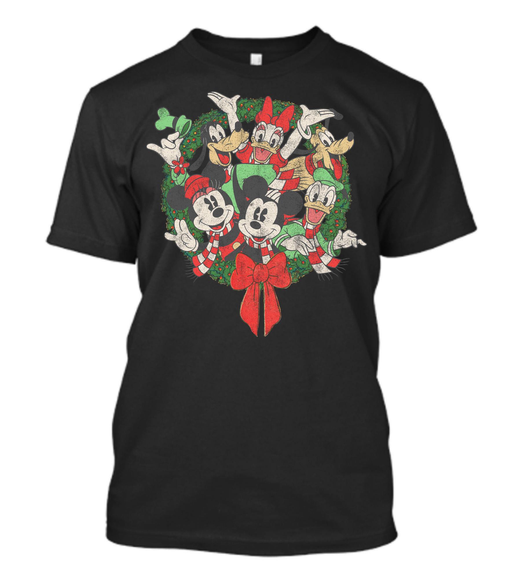 Disney Christmas Characters In Festive Wreath With Mickey, Minnie, Donald, Daisy, Goofy, Pluto T-Shirt