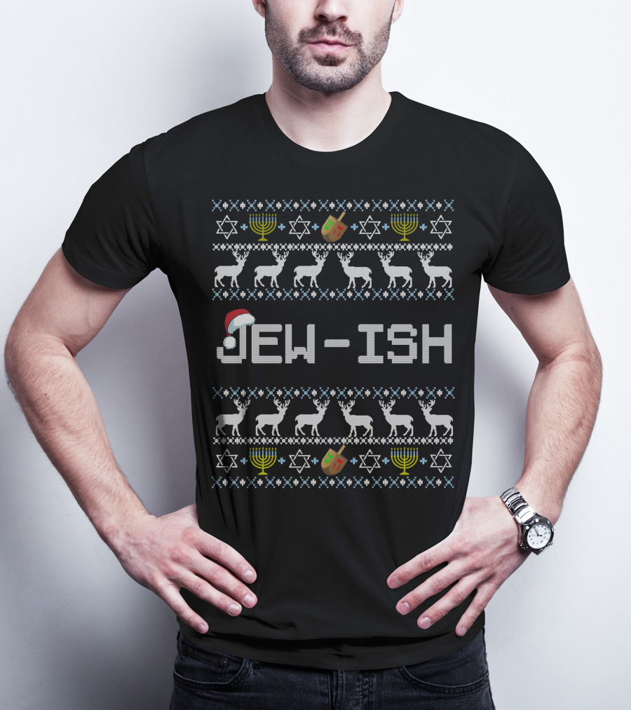 Jew-Ish Hanukkah Santa Hat Dreidel Menorah Stars T-Shirt