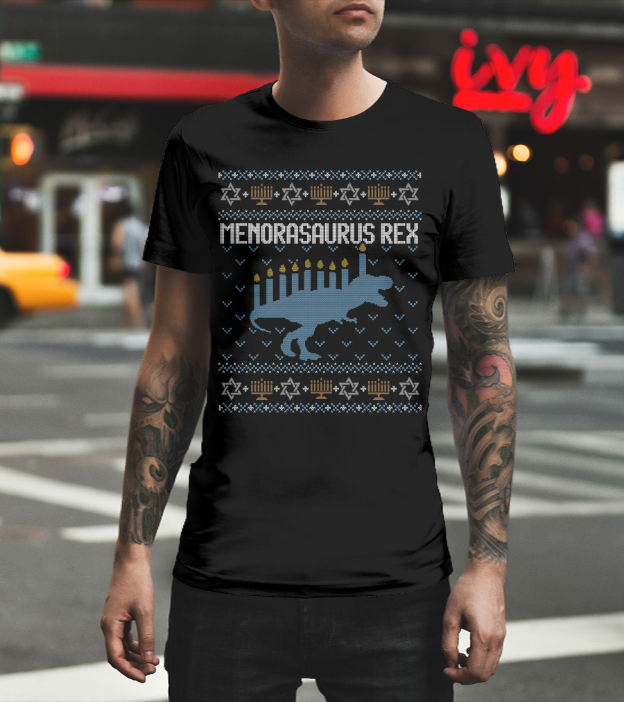 Menorasaurus Rex Hanukkah T-Rex Menorah Candles Star T-Shirt