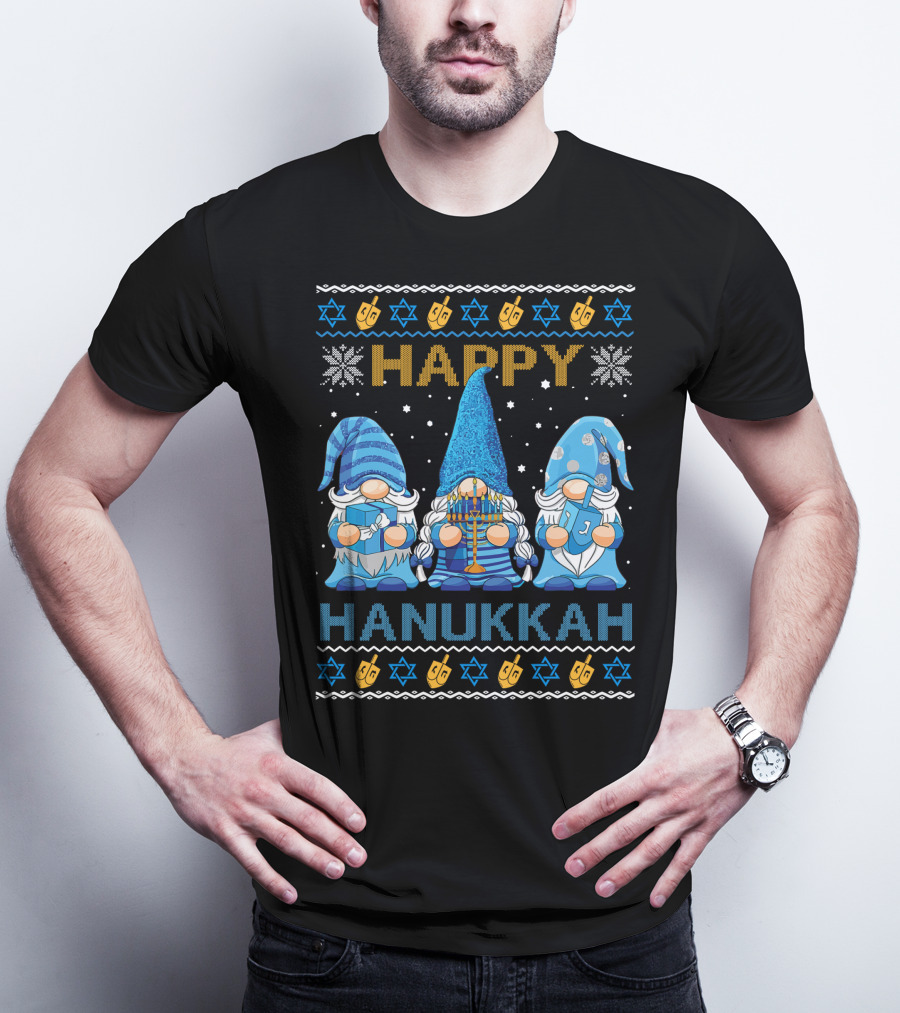 Happy Hanukkah Gnome Gnomies Menorah Dreidel Star Of David T-Shirt
