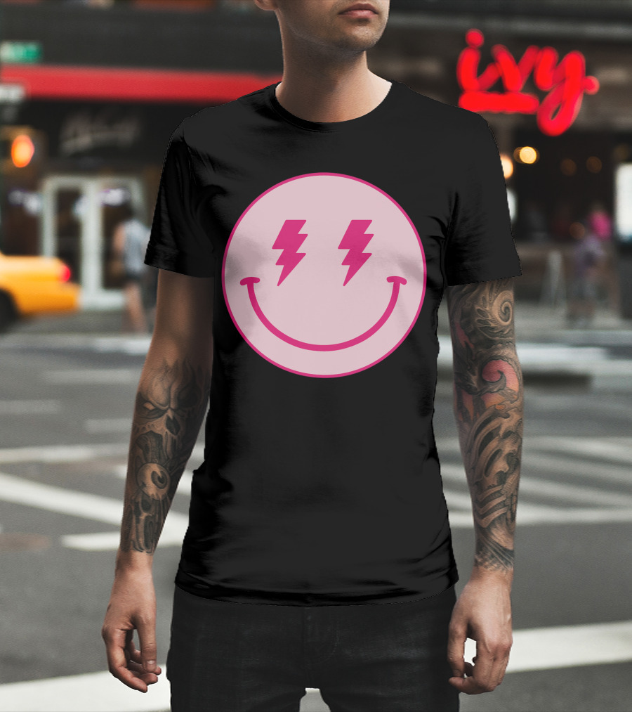 Lightning Bolt Smiley Face Pink Circle T-Shirt