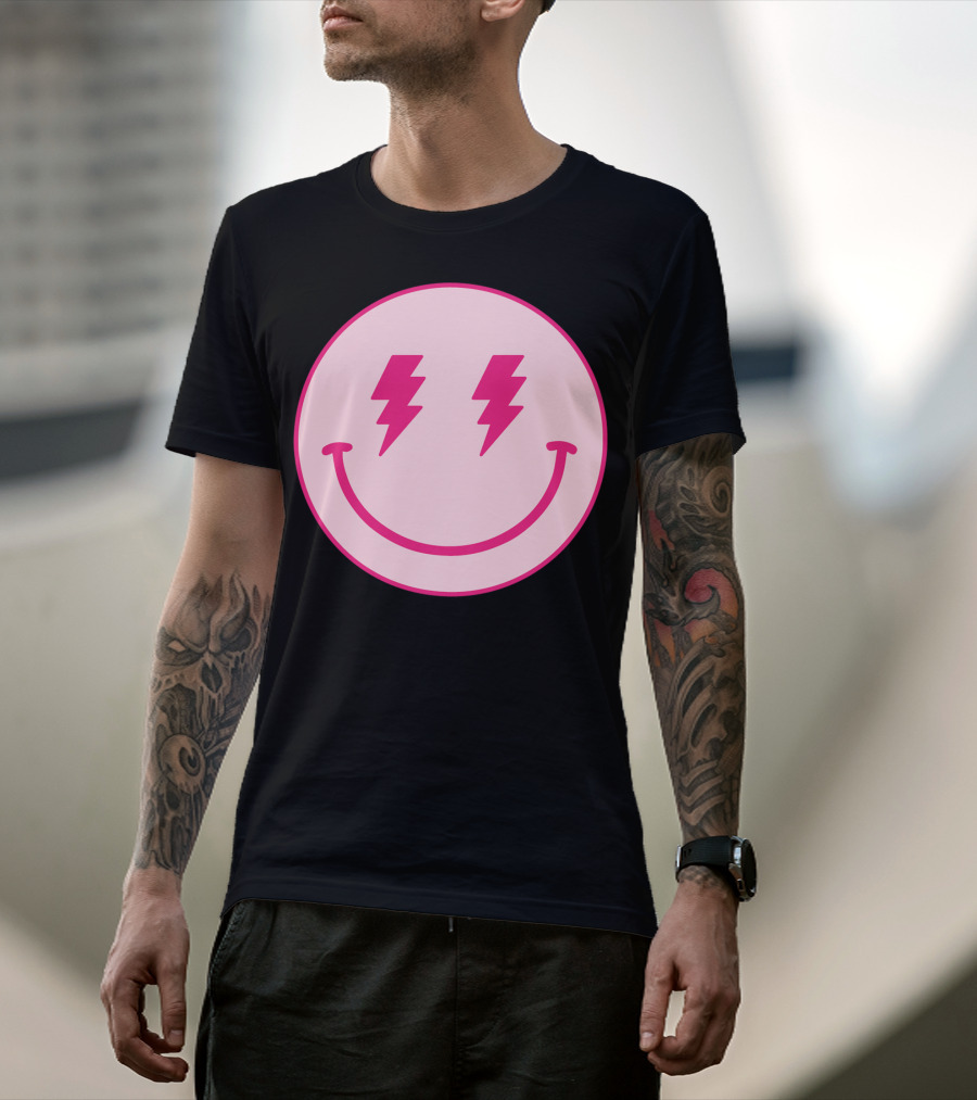 Lightning Bolt Smiley Face Pink Circle T-Shirt
