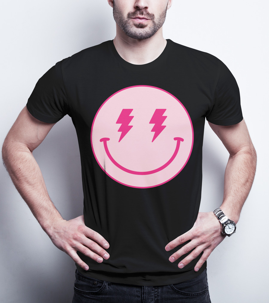 Lightning Bolt Smiley Face Pink Circle T-Shirt