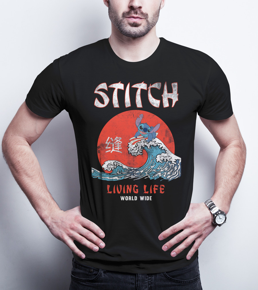 Stitch Living Life World Wide Wave Red Japanese Character T-Shirt