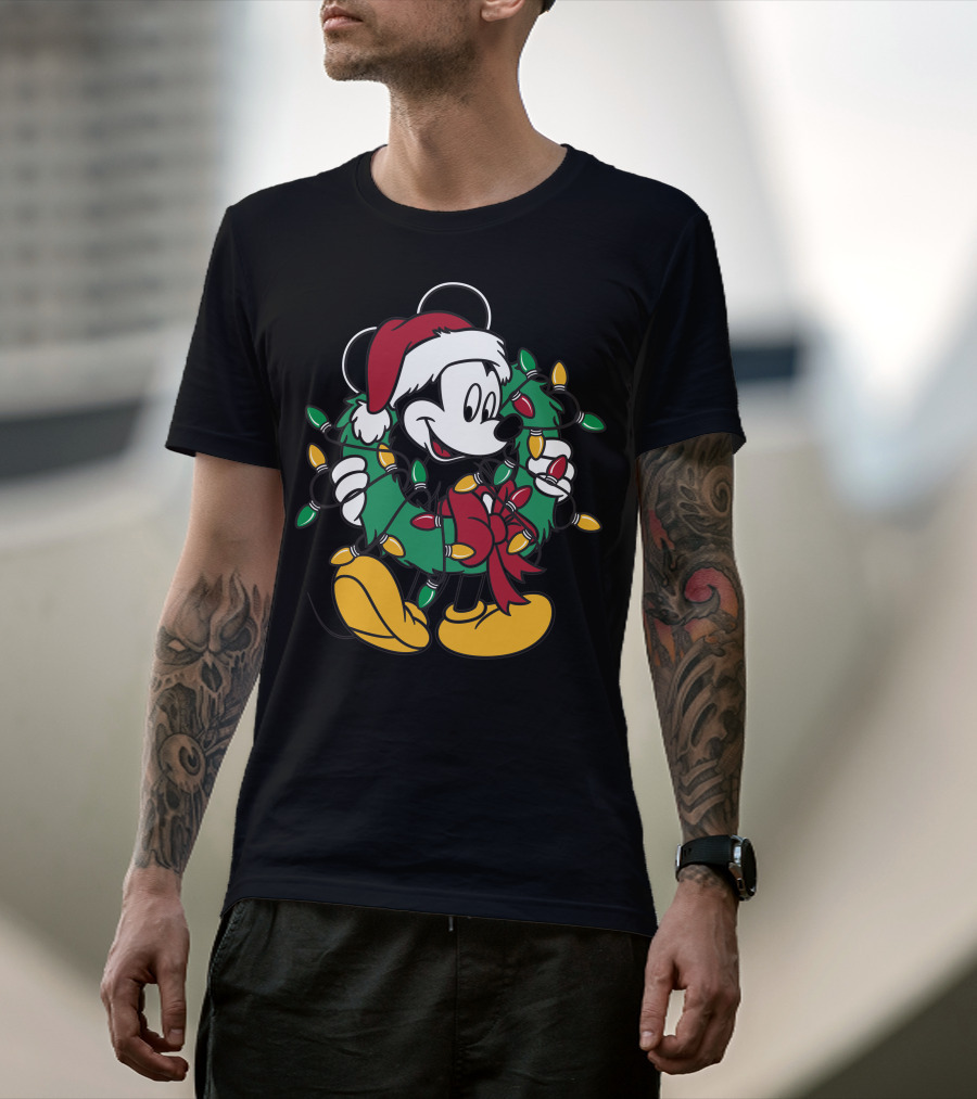 Disney Mickey Mouse Christmas Wreath Lights Santa Hat Holiday Decor T-Shirt