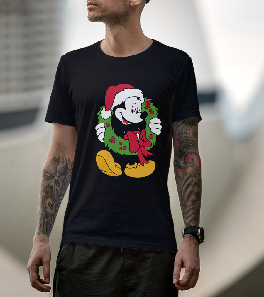 Disney Mickey Mouse Christmas Santa Hat Wreath Bow T-Shirt