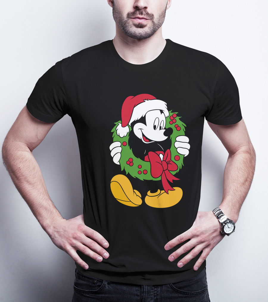 Disney Mickey Mouse Christmas Santa Hat Wreath Bow T-Shirt