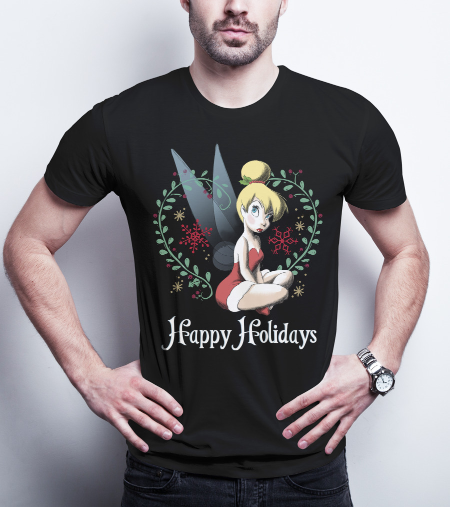 Disney Peter Pan Tinkerbell Happy Holidays Christmas Snowflakes T-Shirt