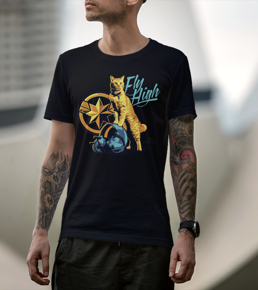Captain Marvel Symbol Fly High Goose Cat Helmet T-Shirt